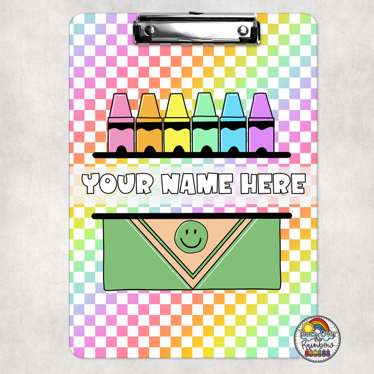 Rainbow Checkered Crayons Clipboard| Teach Over the Rainbow