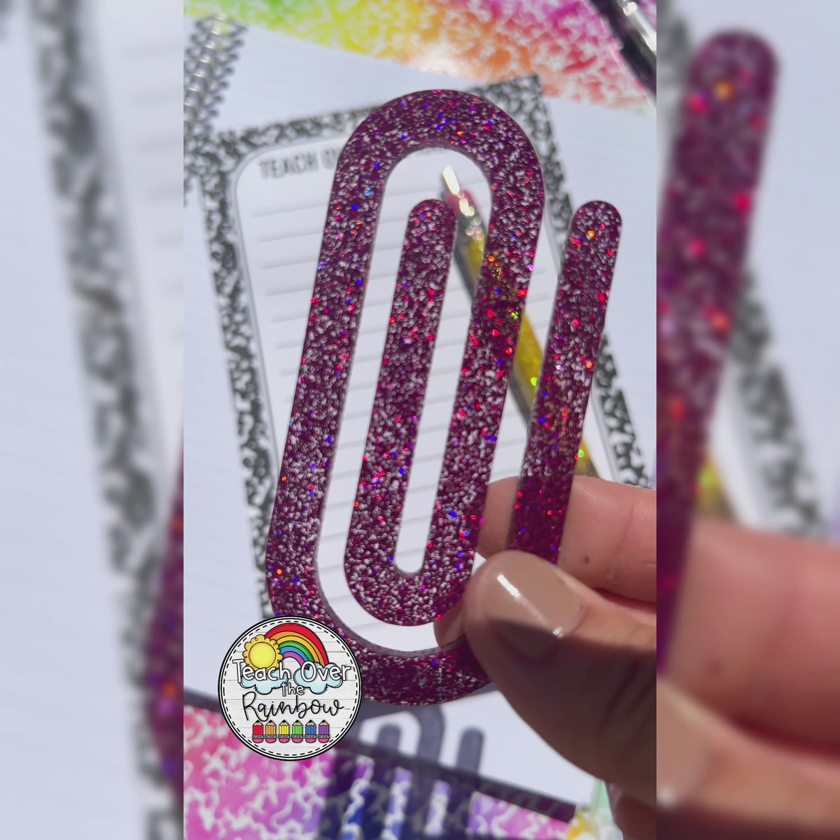 Raspberry Glitter Specialty Acrylic Paperclip| Teach Over the Rainbow